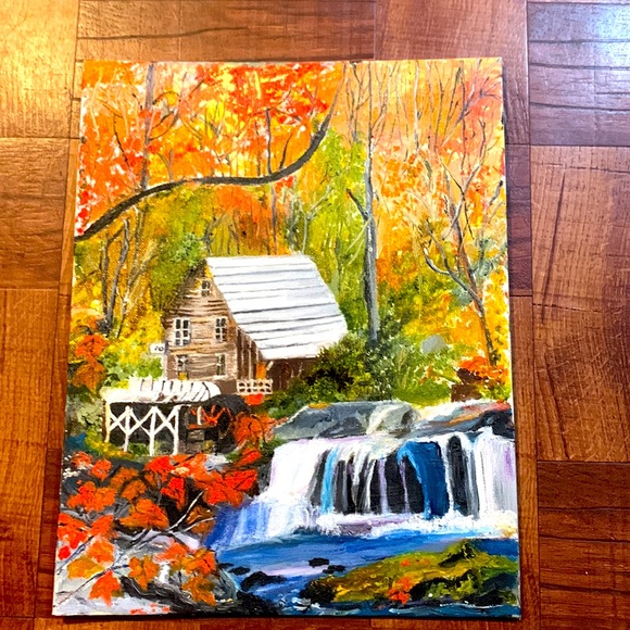 Wall Decor | 11x14 In Fall Cottage In The Woods With Waterwheel Falls ...